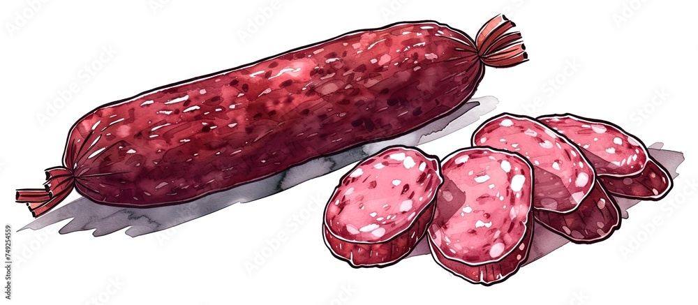 A black and white drawing showcasing a large salami placed next to a ...