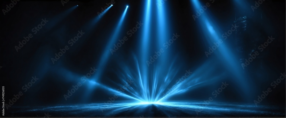 Wide angle panoramic view of blue light beams on smoky texture ...