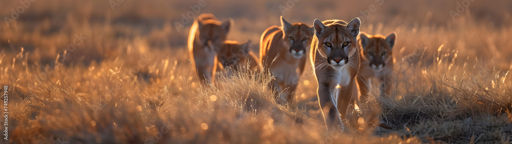 Puma family in the savanna with setting sun shining. Group of wild ...