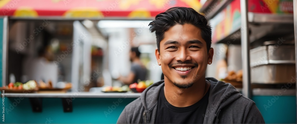 Small business owner young filipino man at front of food truck smiling ...
