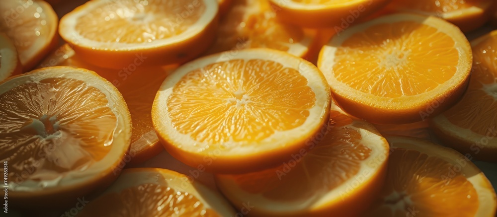 The image shows a bunch of oranges that have been cut in half ...