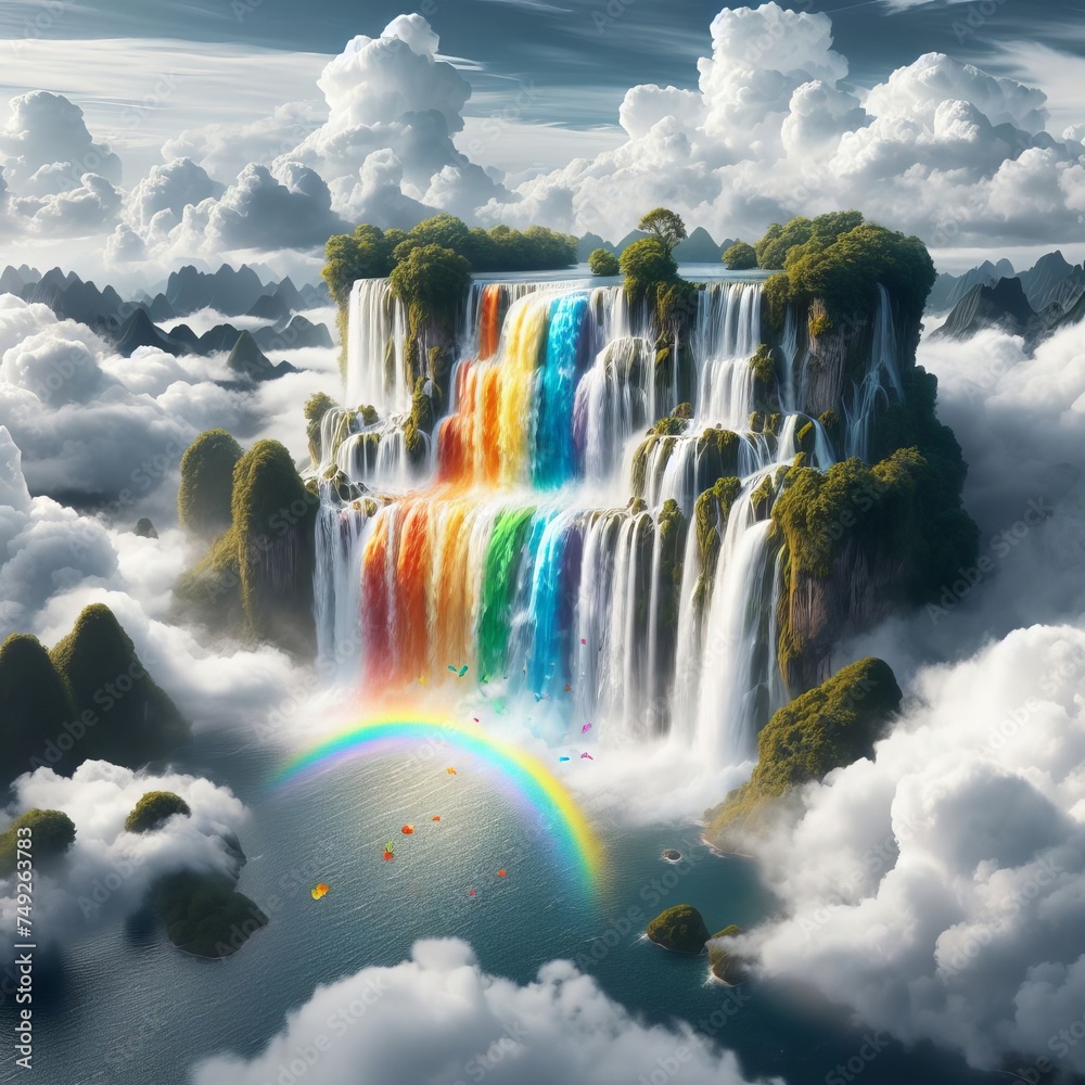 A fantastical waterfall cascading colors into a serene lake with a ...