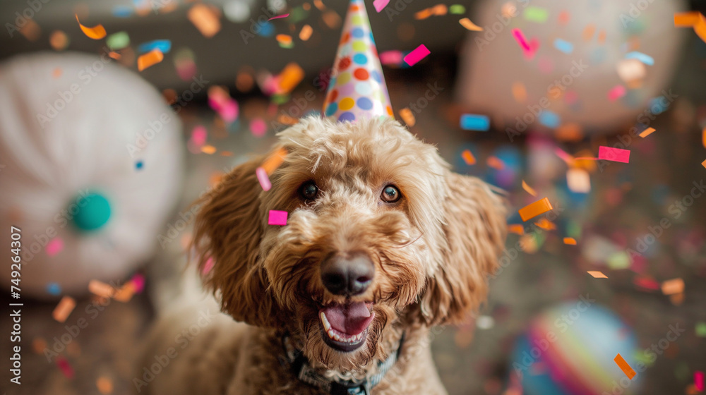 Happy cute labradoodle dog wearing a party hat celebrating at a ...