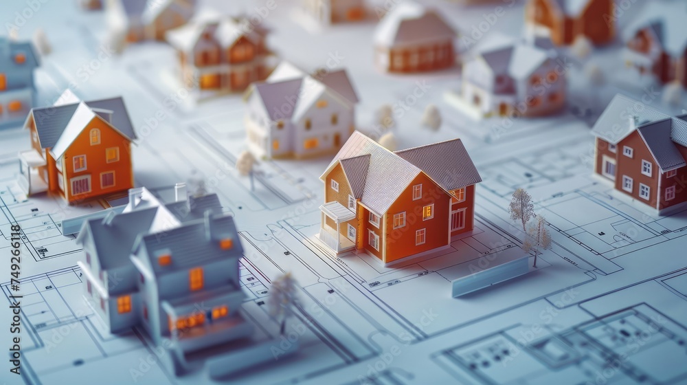 architectural model of houses on blueprint draw, banner layout for ...