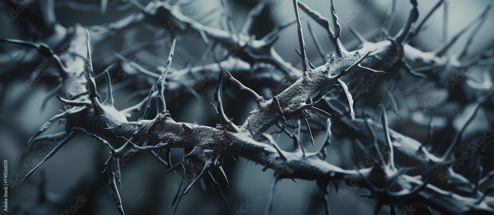 A detailed close-up of a leafless tree branch, showcasing its intricate ...