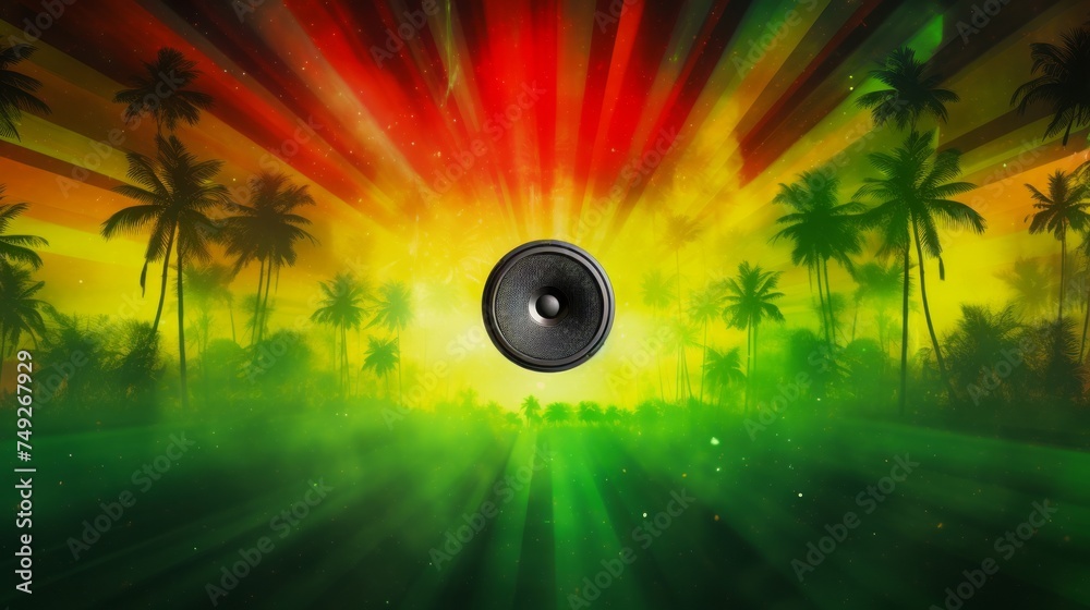 Speaker in the center of a reggae background with tropical plant ...