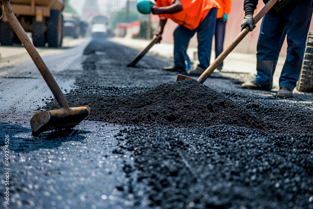 Road construction workers' teamwork, tarmac laying works at a road ...