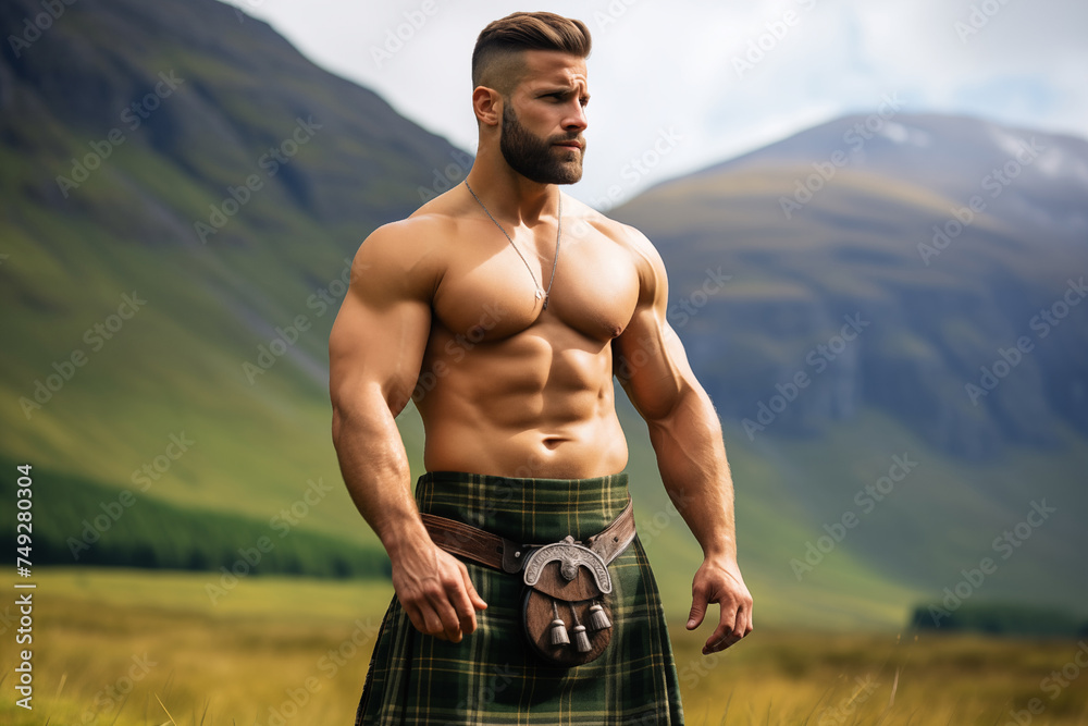 Scottish muscular man in a kilt and bare-chested stands against the ...