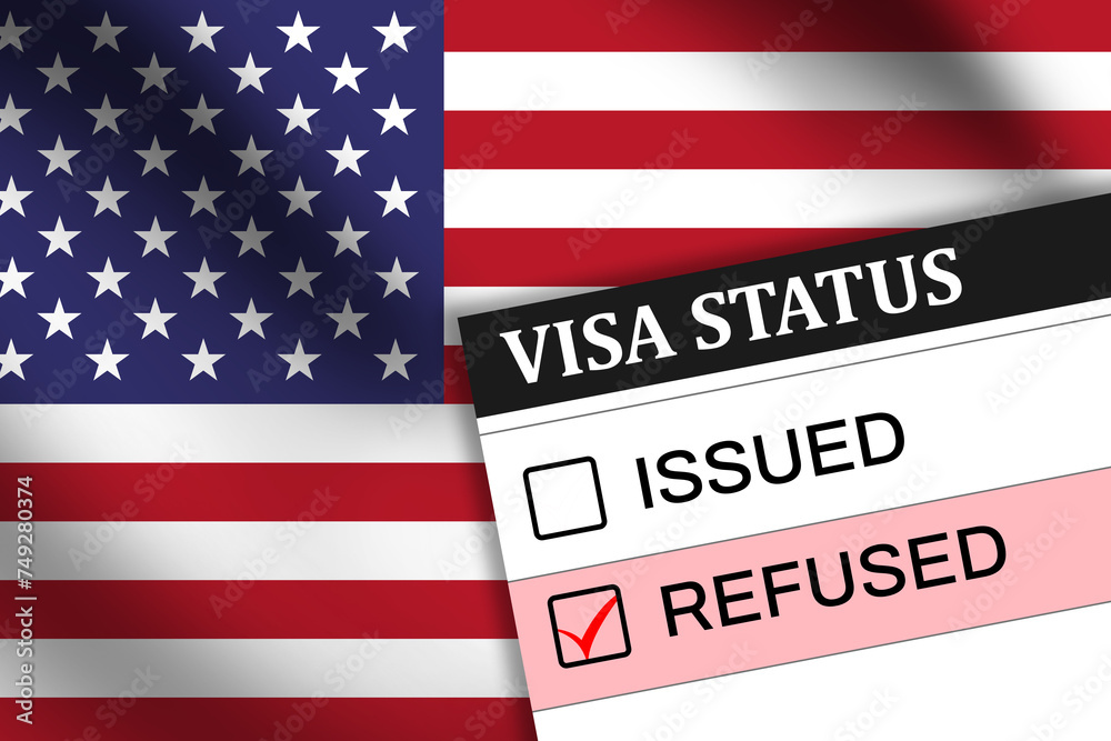 Visa application Refused box with red sign and waving flag in the ...