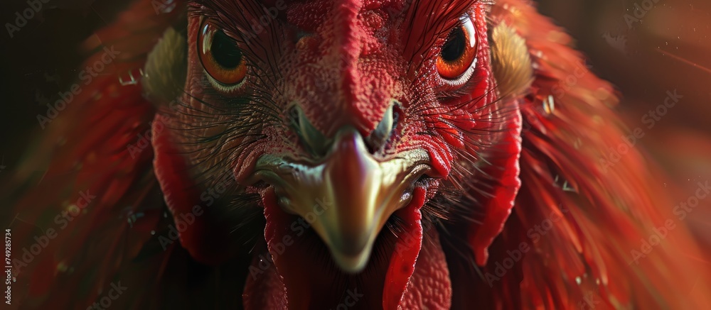 This close-up view displays the features of a red roosters face ...