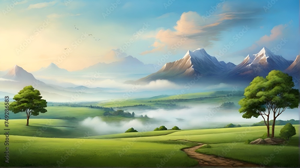 Digital illustration of nature Background With River And Green Plants ...