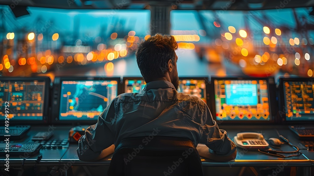 Security officer overseeing ship operations during cargo loading ...