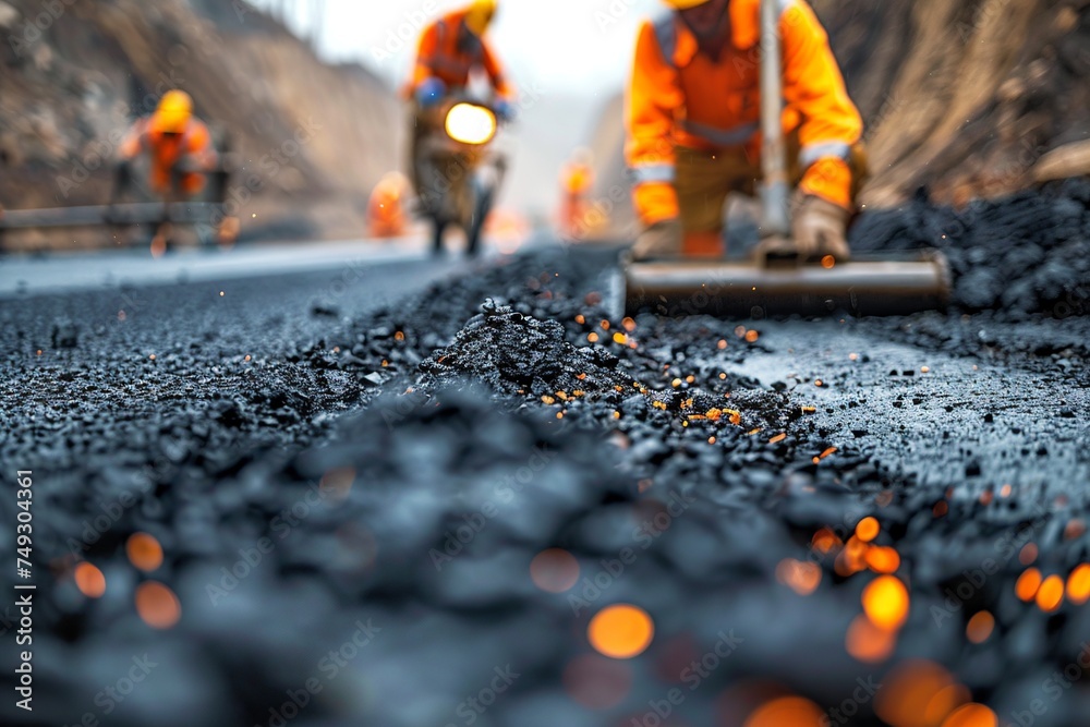 A team of road construction workers lay and smooth hot asphalt gravel ...