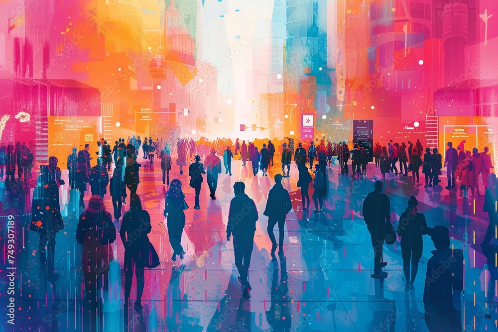 A wide-angle shot captures a diverse group engaging with technology ...