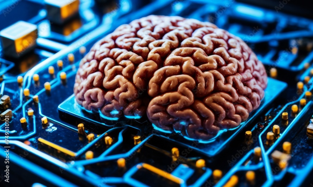 This image depicts a brain positioned on an electronic circuit, drawing ...