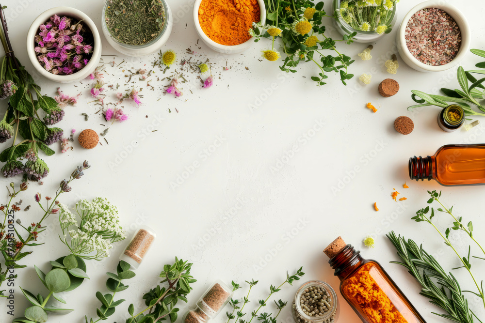 Background from various grasses and medicinal herbs with empty space in ...