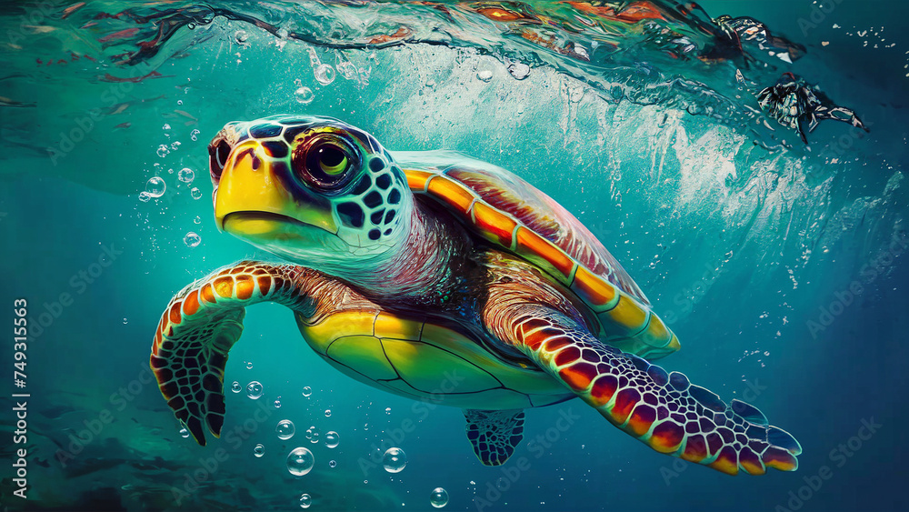 super cute, bright color cartoon full body sea turtle, water bubbles in ...
