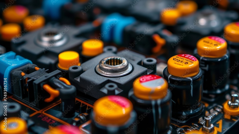 Detailed close-up shot of car battery. Electric vehicle power supply ...