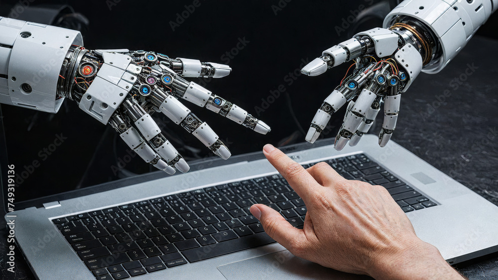 A Robot hands points to laptop, artificial intelligence concept, human ...