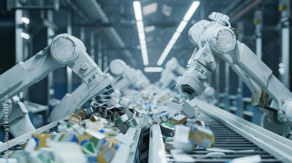 Robotic arms efficiently sort through recyclables on a conveyor at an automated, high-tech ...