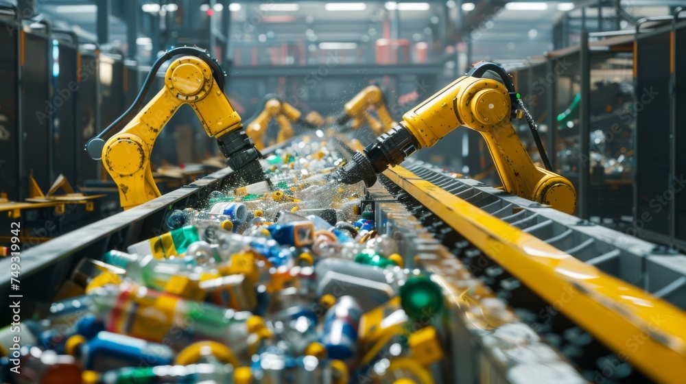 Foto de Robotic arms efficiently sort through recyclables on a conveyor ...