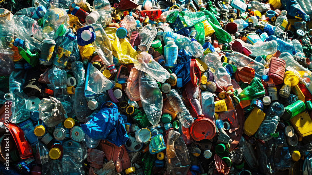 Waste transformation, a vibrant collection of various plastic items ...