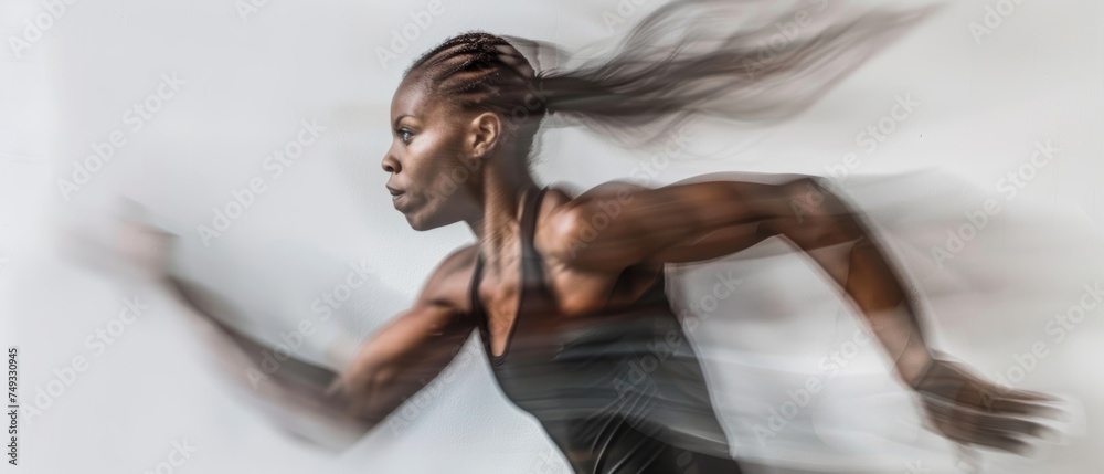 A female sprinter captured mid-stride in a powerful motion blur ...