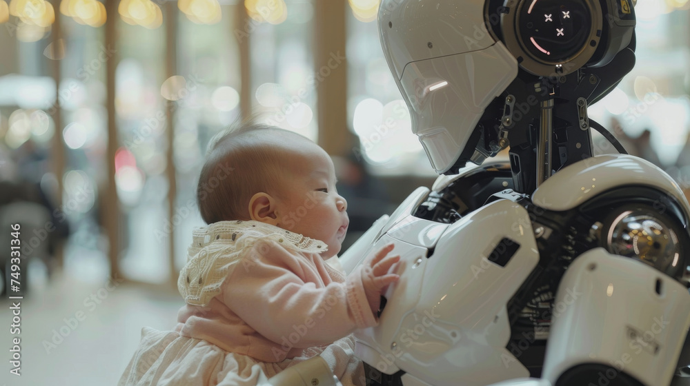 AI robot in a nurturing role, holding a newborn with care and precision ...