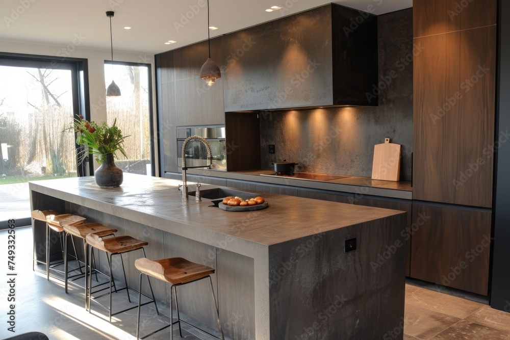 Interior of modern minimalist spacious kitchen with kitchen island ...