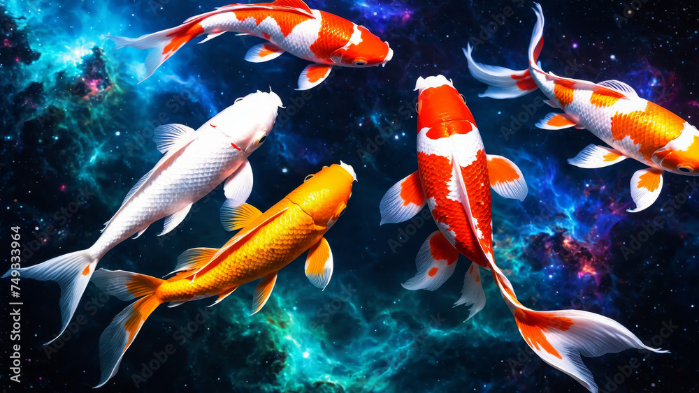 a group of glowing koi fish floating through space, nebula galaxy ...
