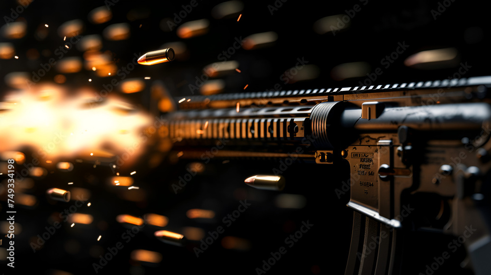 firing assault riffle shooting firepower bullets isolated on black ...