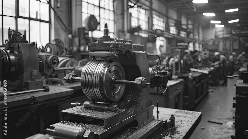 Skilled machinists in a bustling machine shop shape metal with ...