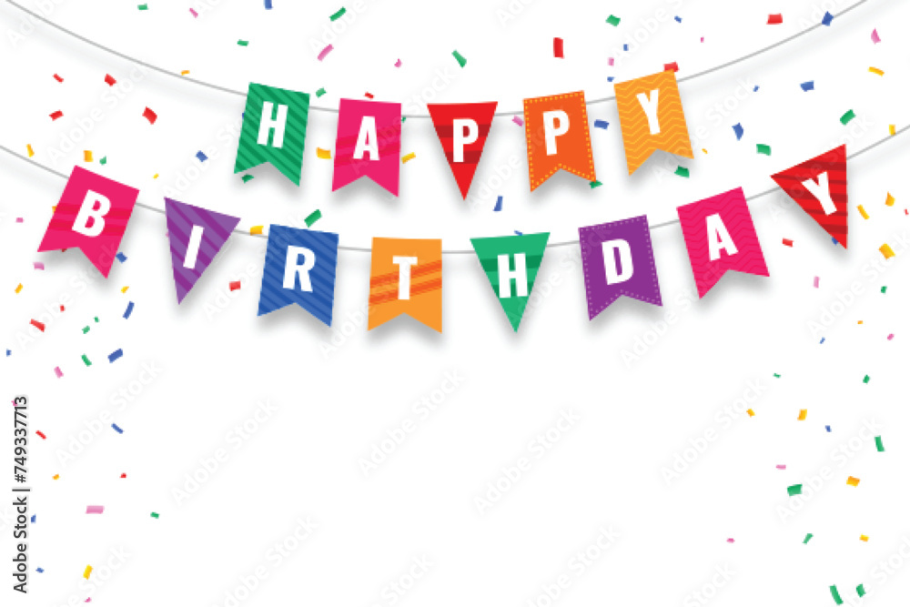happy birthday text happy birthday flags and confetti background ...
