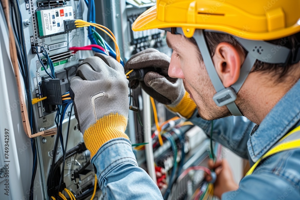 Electrician work tester measuring voltage and current of power electric ...