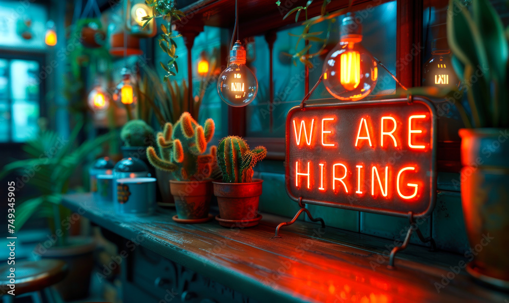 Illuminated WE ARE HIRING sign placed on a desk with office supplies ...