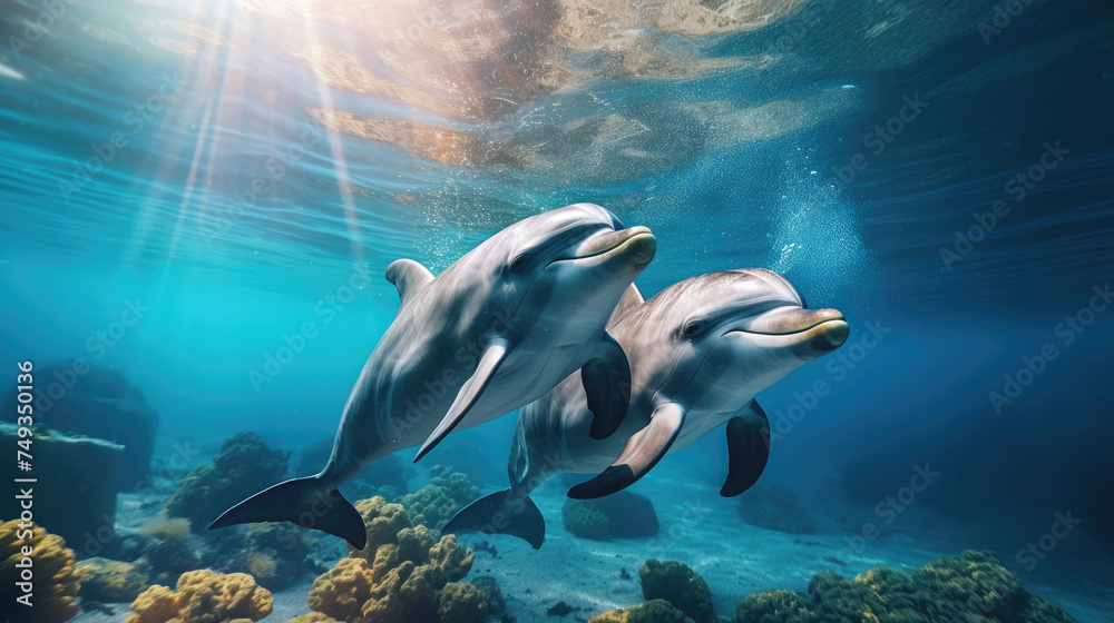 two dolphins swim side by side freely in the middle of an underwater ...