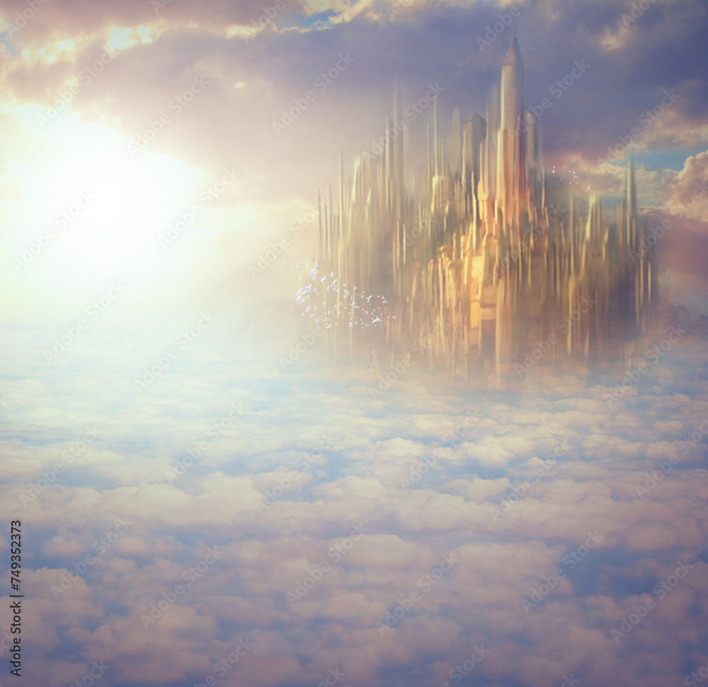 Heaven, clouds and castle with light for fantasy, creative imagination ...