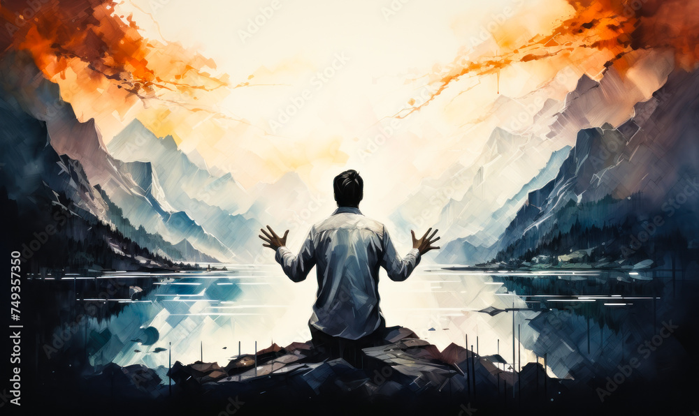 Artistic watercolor painting of a contemplative man meditating with ...