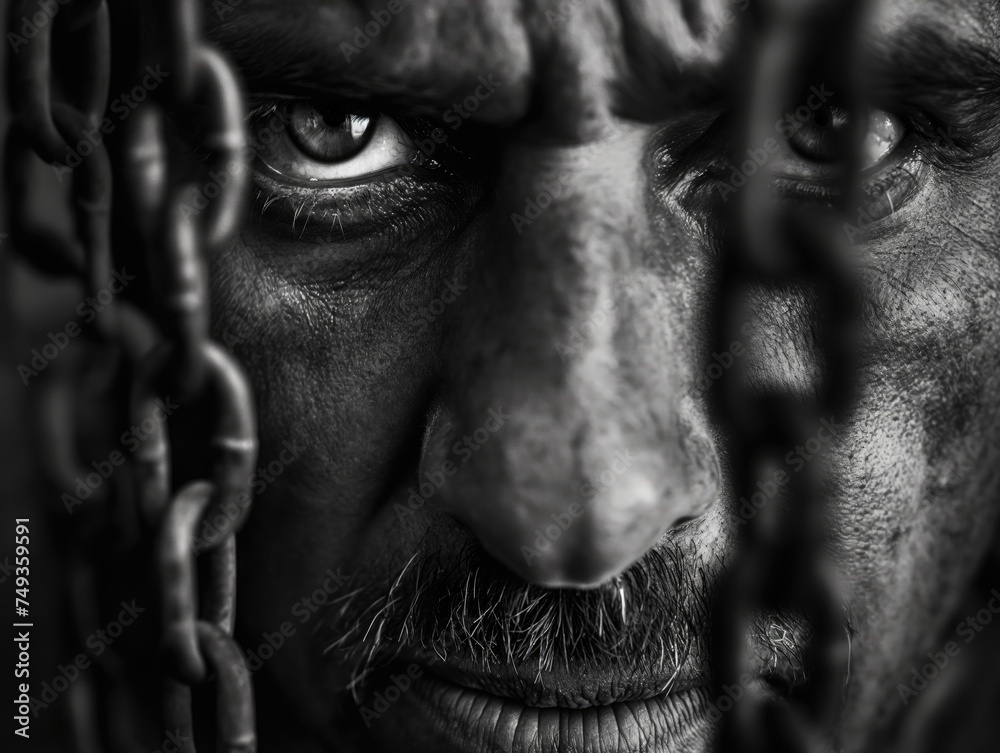 Black & white, a closeup of a male prisoner face in chain. Slavery ...