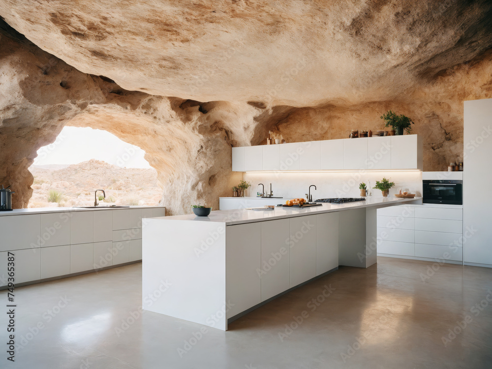 interior design, a modern white futuristic cave kitchen in the desert ...