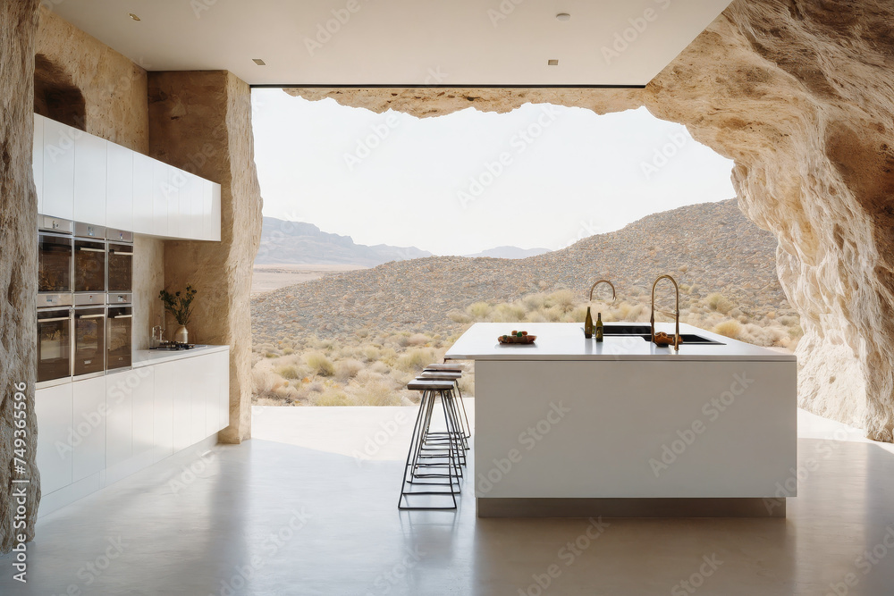 interior design, a modern white futuristic cave kitchen in the desert ...