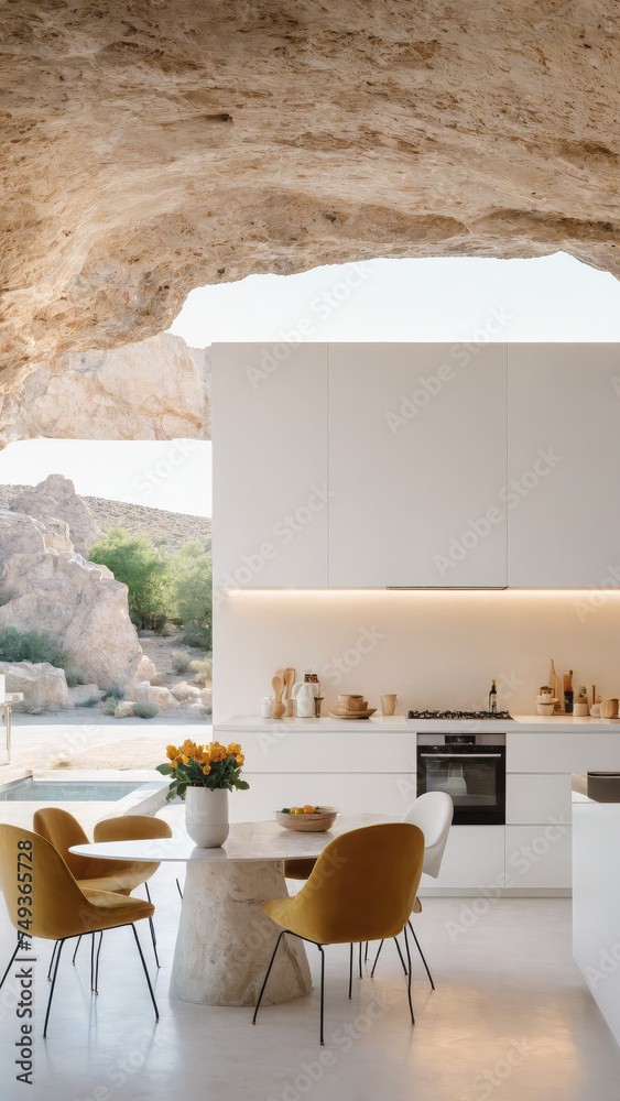 interior design, a modern white futuristic cave kitchen in the desert ...