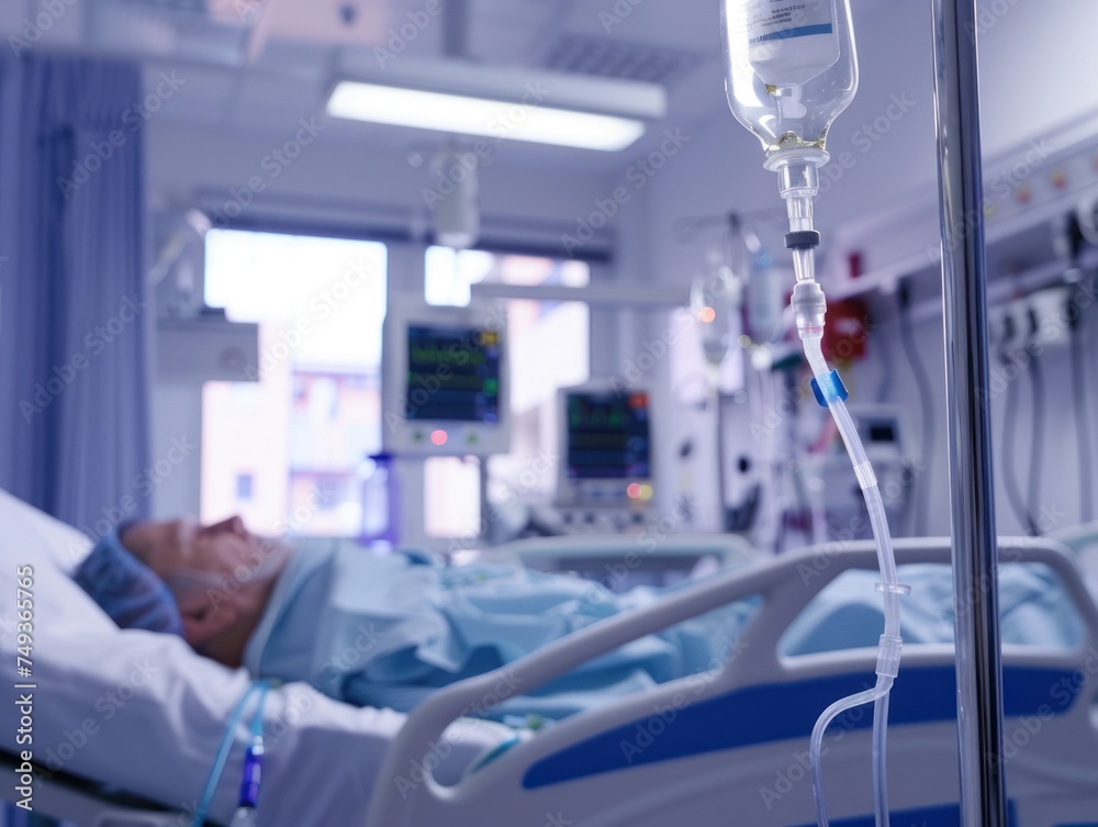 Hospital Room with Patient and IV Drip, Patient resting in a hospital ...