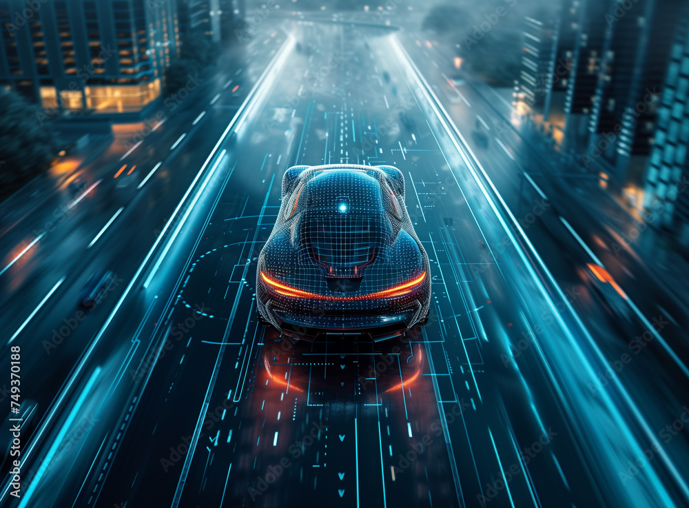 Aerial Drone Following Futuristic 3D Concept Car. Autonomous Self ...