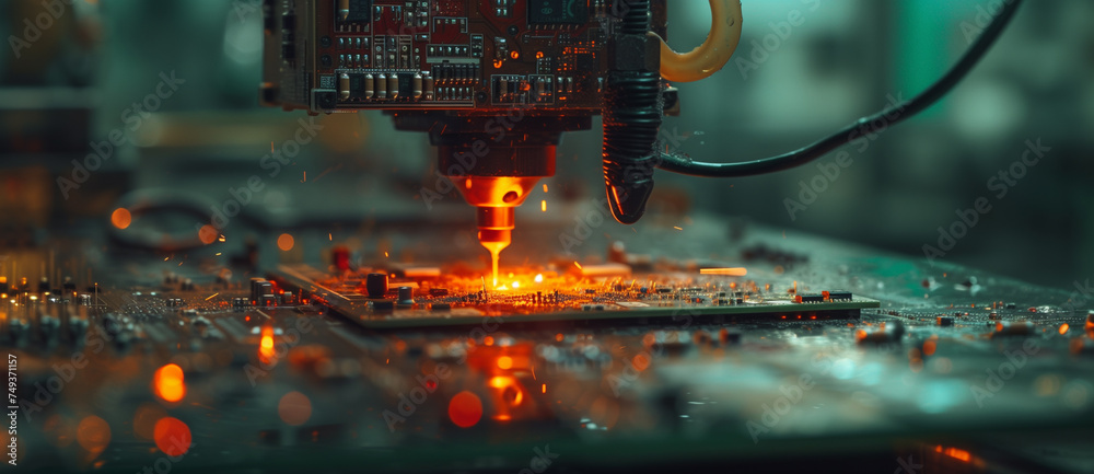 Close-up surface-mounting machine in progress. SMT (surface-mount ...
