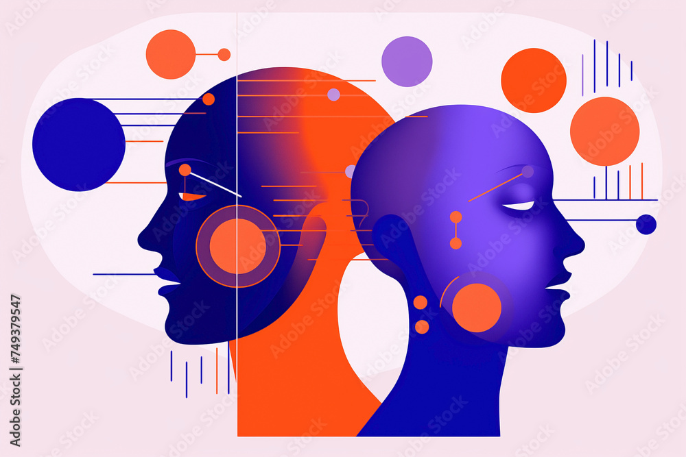 Two faces in profile in orange and purple colors. Concept of creativity ...