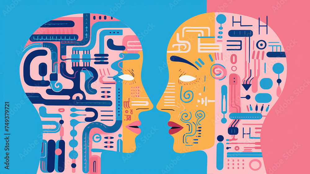 Two faces in profile in pink and blue colors. Concept of creativity ...