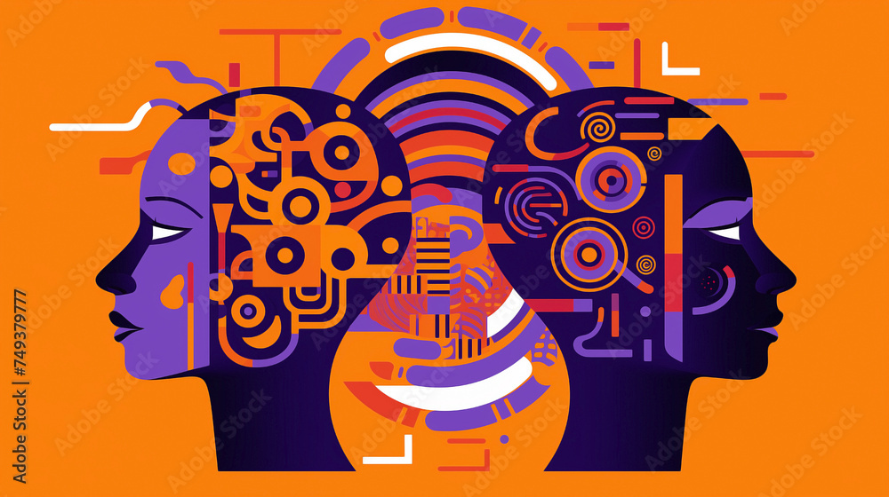 Two faces in profile in orange and purple colors. Concept of creativity ...