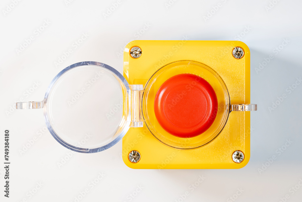 Large red emergency stop button see from above, top view, with open ...