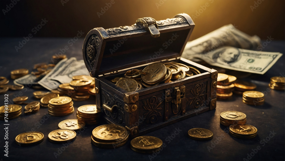 Financial success concept with a golden key unlocking a treasure chest ...
